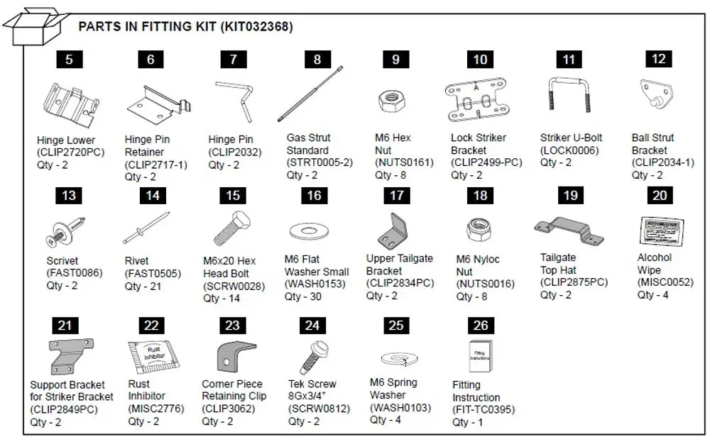 Hardware Fitting Kit inc. Gas Struts – 4WD Obsession Noosa